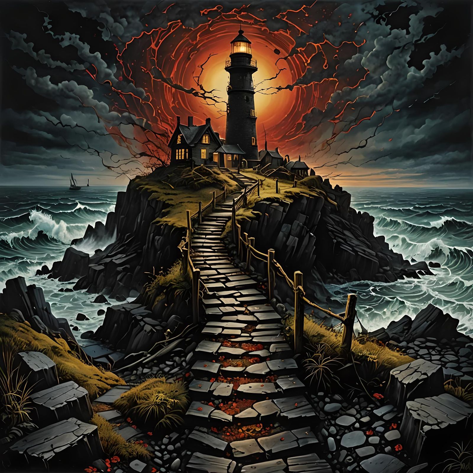 A Dark Path To Mystery Lighthouse 🕯️🌊🦇 - AI Generated Artwork - NightCafe Creator