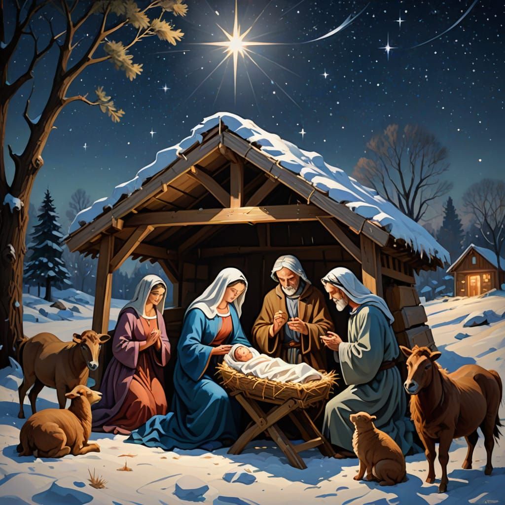 "Under a blanket of soft, powdery snow, a humble nativity scene is ...