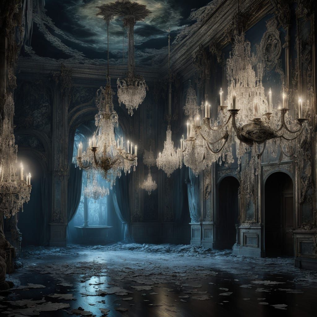 Gothic Ballroom Under Cold Moonlight - AI Art
