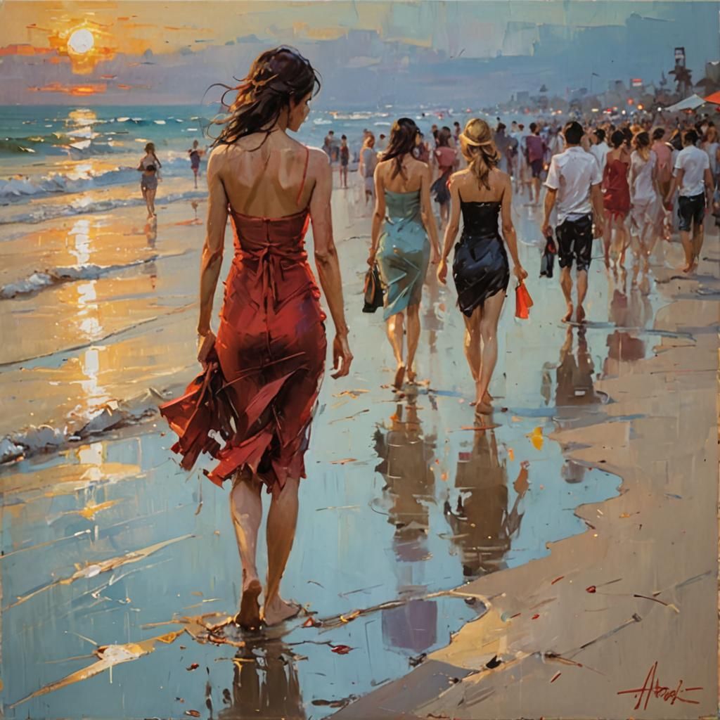 Crowds at the beach by Henry Asencio, at sunset - AI Generated Artwork ...