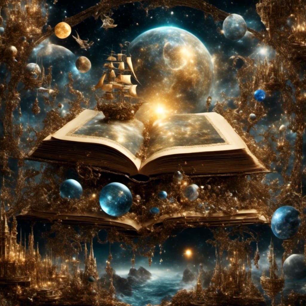 a beautiful fantastical glittering book with a collage of magical lands ...