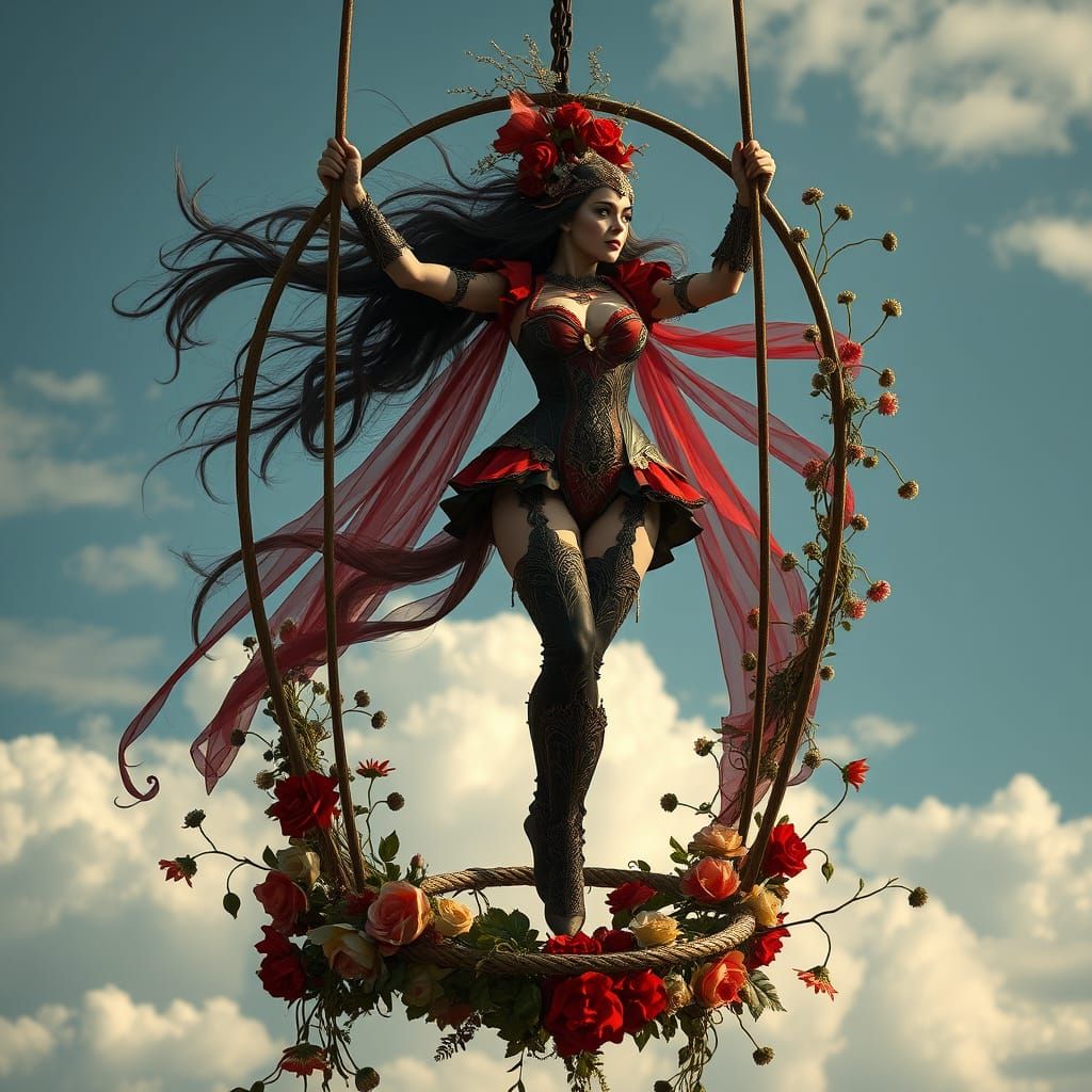 Elegant Trapeze Artist in Suspended Ring, Dark Fan... - AI Art