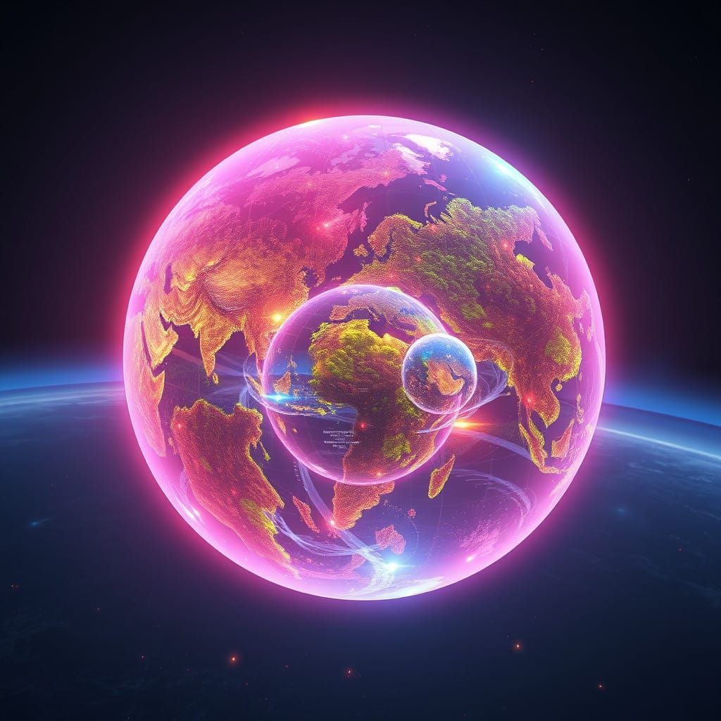 Glowing Alien World with Five Vibrant Continents - AI Art