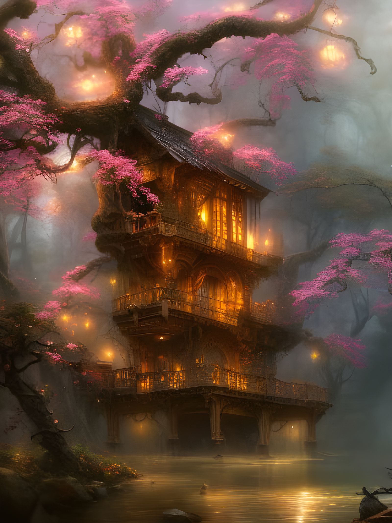 Cherry Blossom Treehouse V2 - AI Generated Artwork - NightCafe Creator
