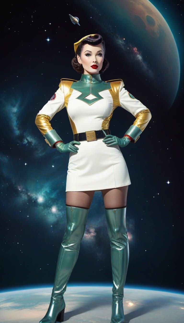 Retro Sci-Fi Pinup in Space with Golden Uniform - AI Art