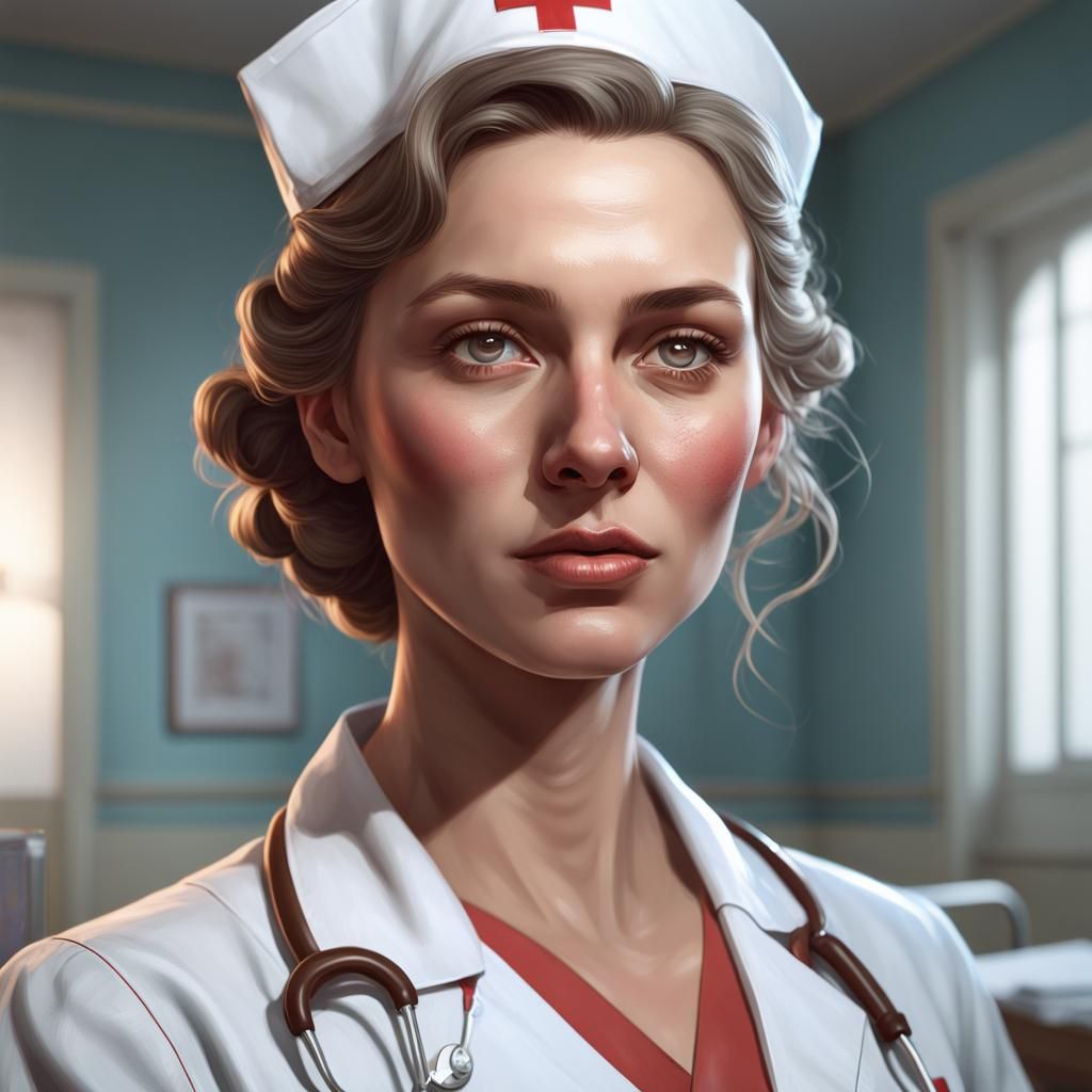 Nurse in hospital ward, WW2, head and shoulders portrait, 8k resolution concept art portrait by ...