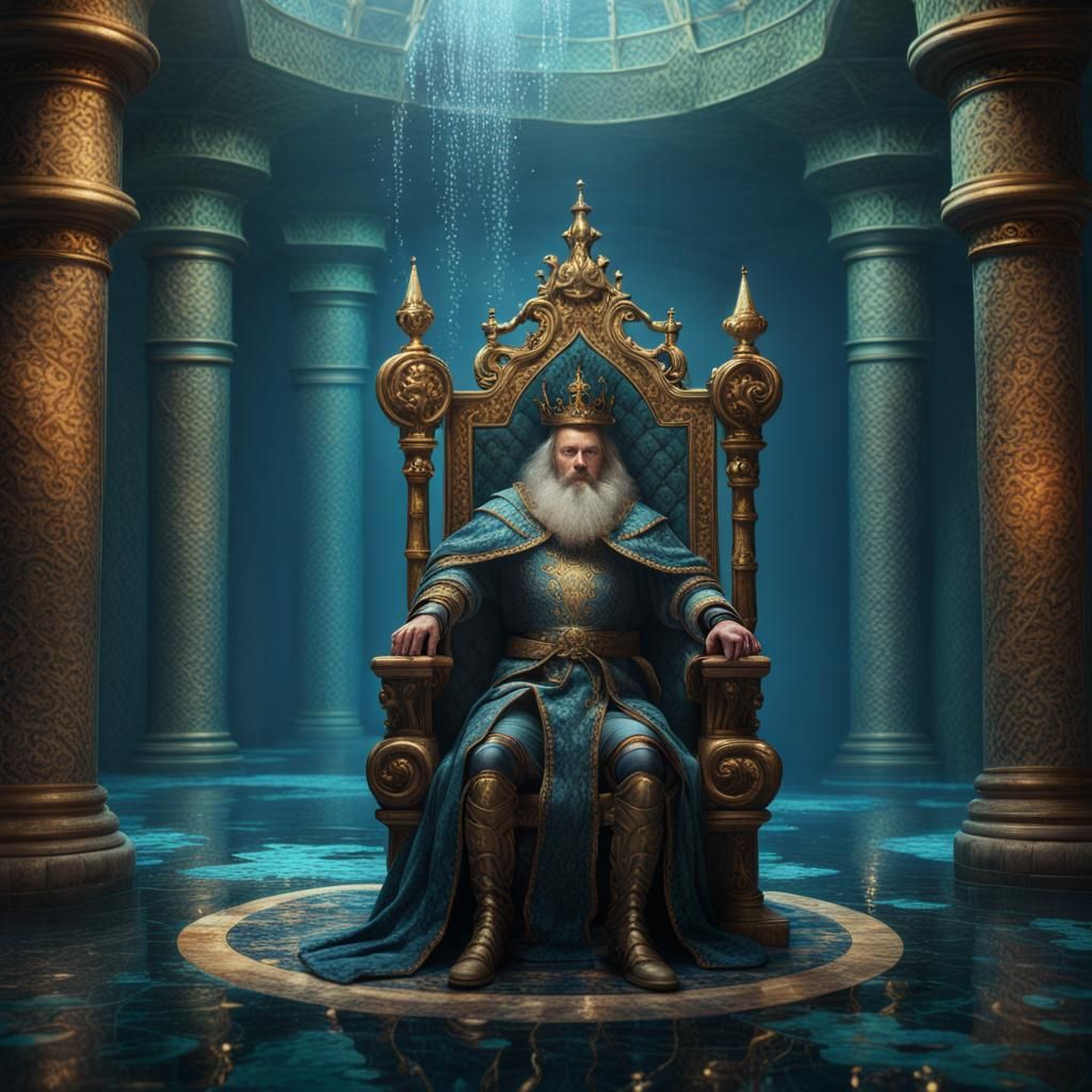 medieval underwater king sitting on a throne in a throne room mosaic ...