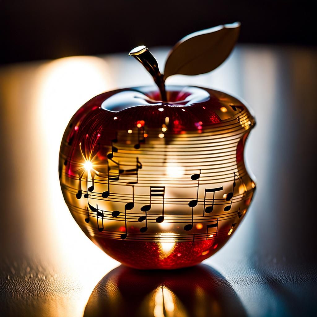 a transparent apple crafted from shimmering crystal. Within the apple ...