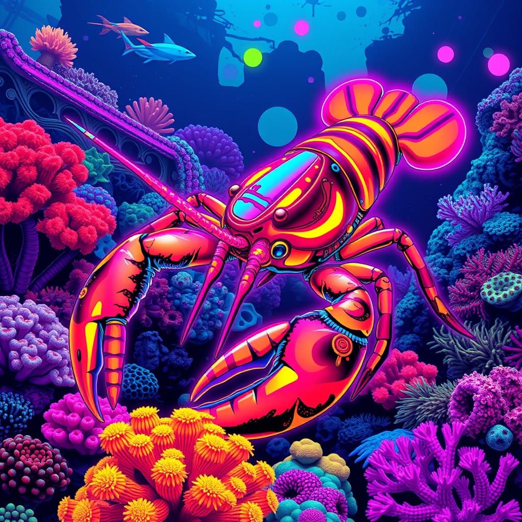 Vibrant Neo-Pop Lobster in Cyberpunk Coral Reef - AI Art