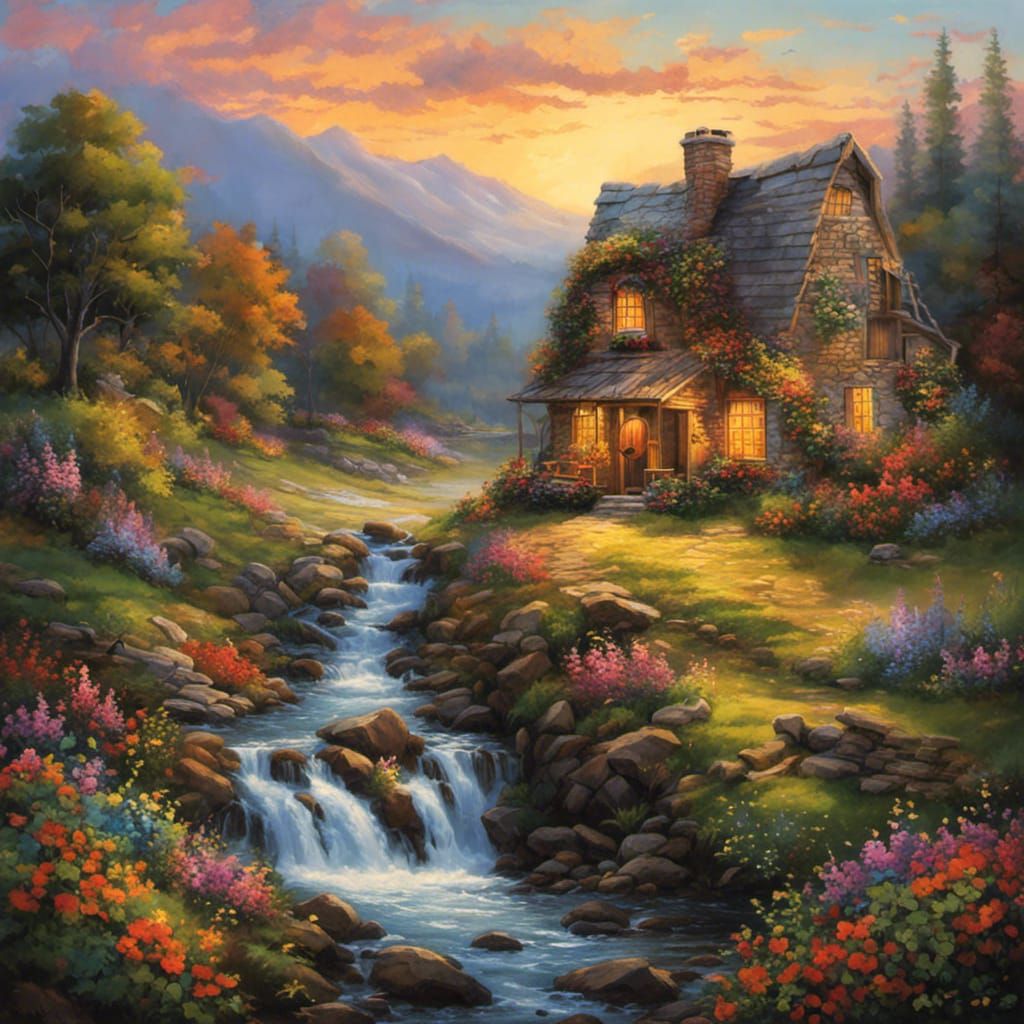 Old mill, wild flowers, art of Thomas kinkade, sunset, vivid colors ...
