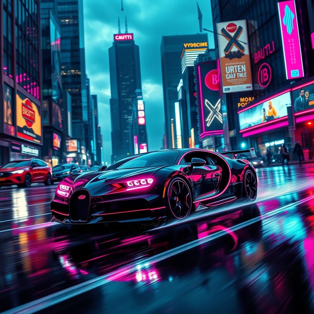 Neon Bugatti Chiron Speeds Through Retro-Futuristi... - AI Art