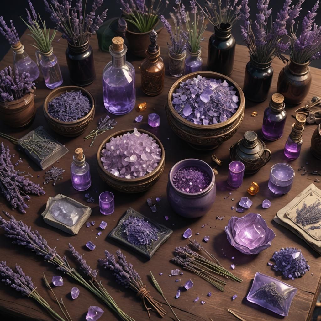 on the table there are purple crystals, bags, potions, bunches of ...