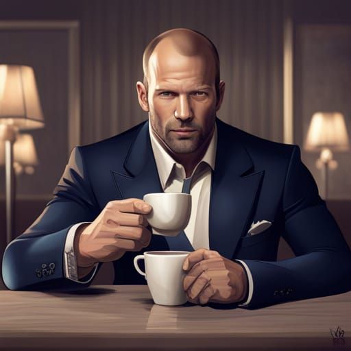 Jason Statham sitting in a cozy coffee shop, holding a cup of coffee ...