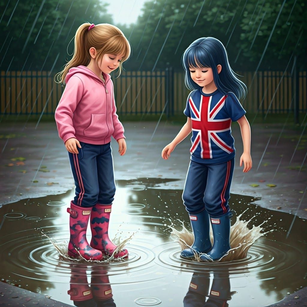 Girls Playing in a Giant Rain Puddle in a Whimsica... - AI Art