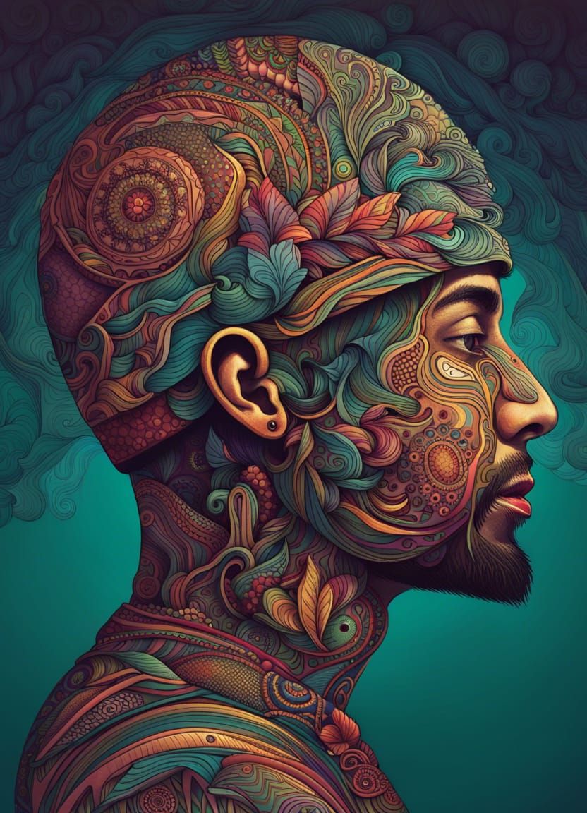 A 30 year old man in a decorated head shape, in the style of intricate ...
