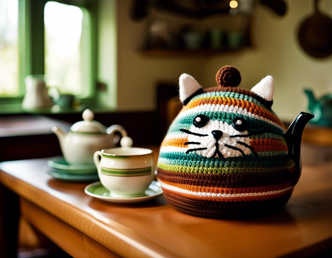 A tea-cosy shaped like a stripy cat covering a brown china tea-pot on a ...