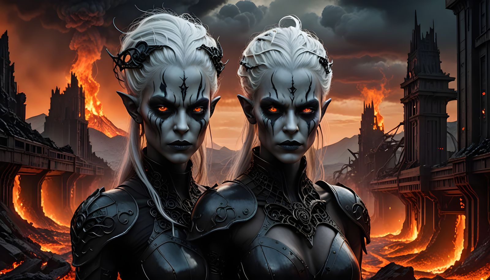 Surreal Dark Elf Goddess in Lava Cityscape - AI Art