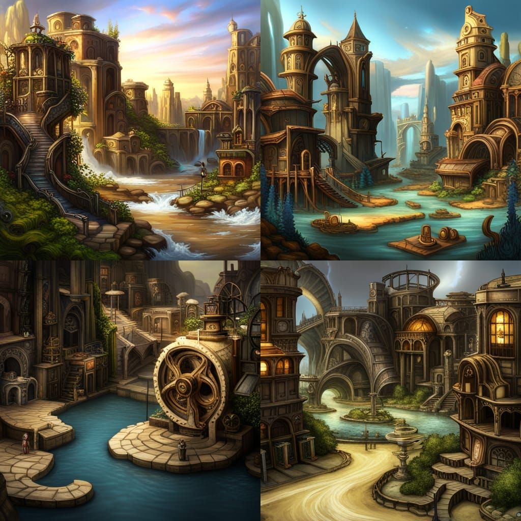 Fantasy stone gears gearpunk steampunk city with waterfalls of sand and ...