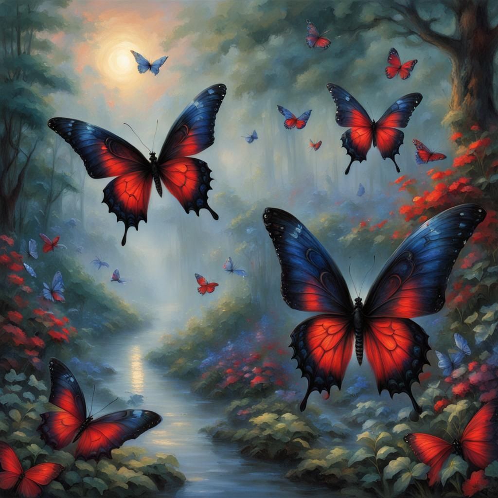 gothic black butterflies with fiery red and royal blue wings, long ...