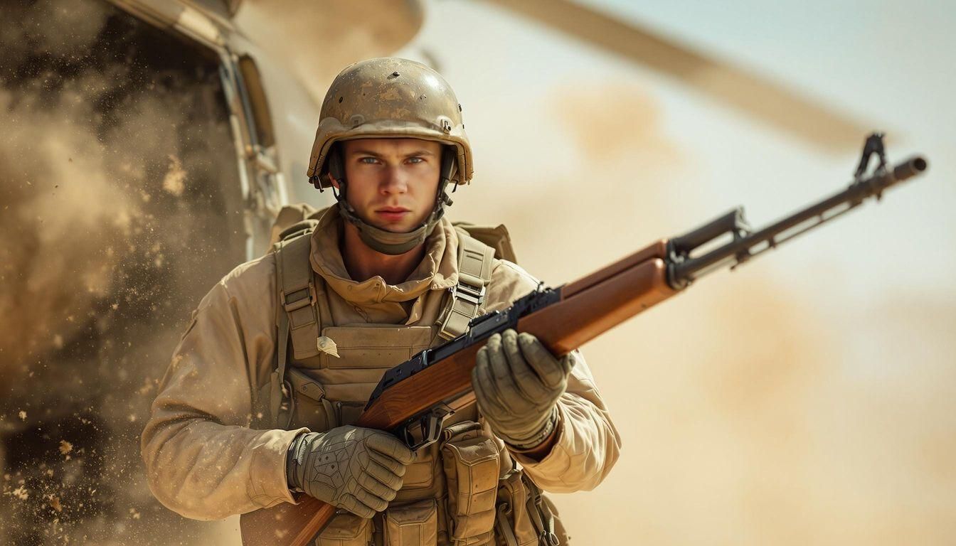 Soldier Walks into Desert with AKM Rifle from Heli... - AI Art