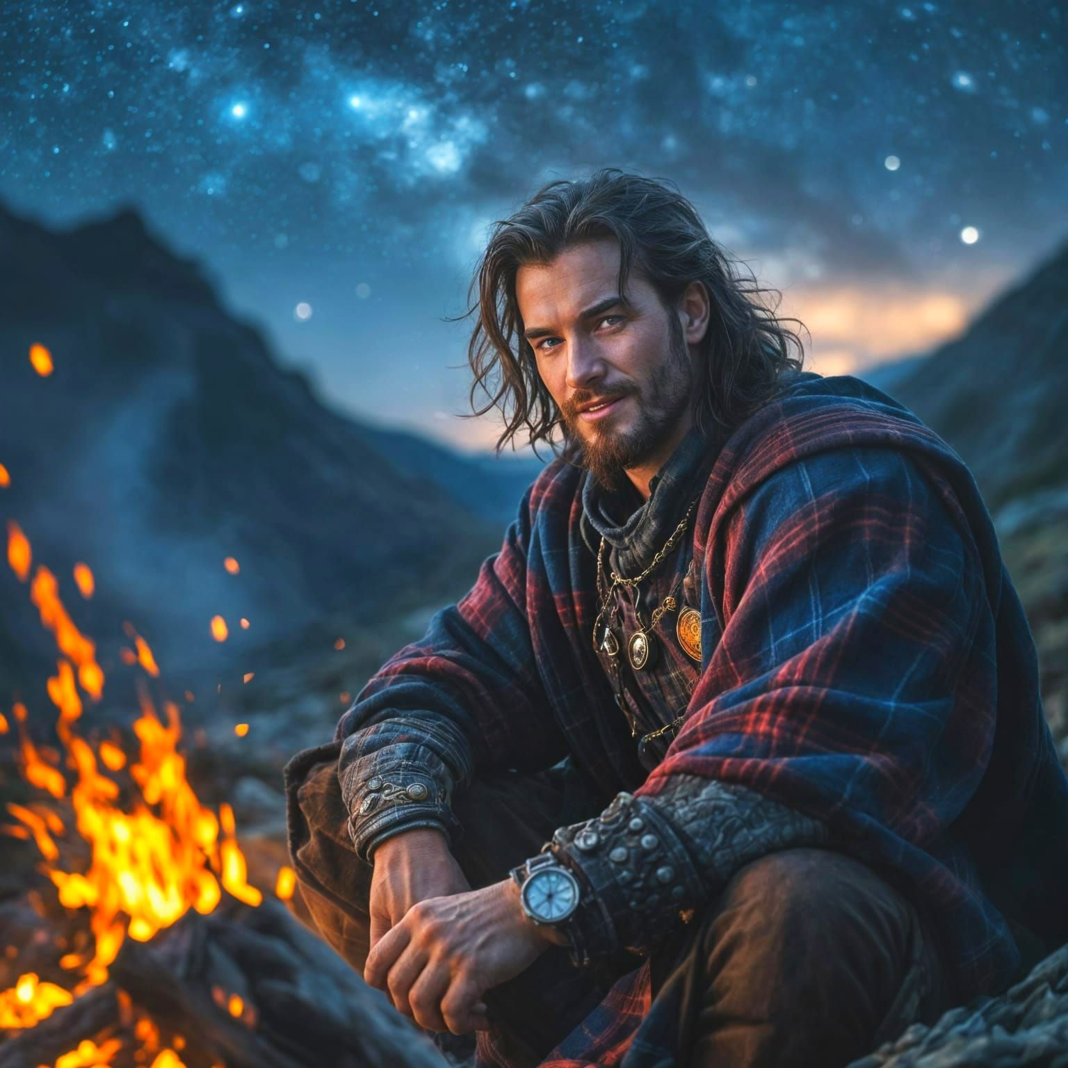 Tall, Handsome Scottish Highlander Smiles by Campf... - AI Art