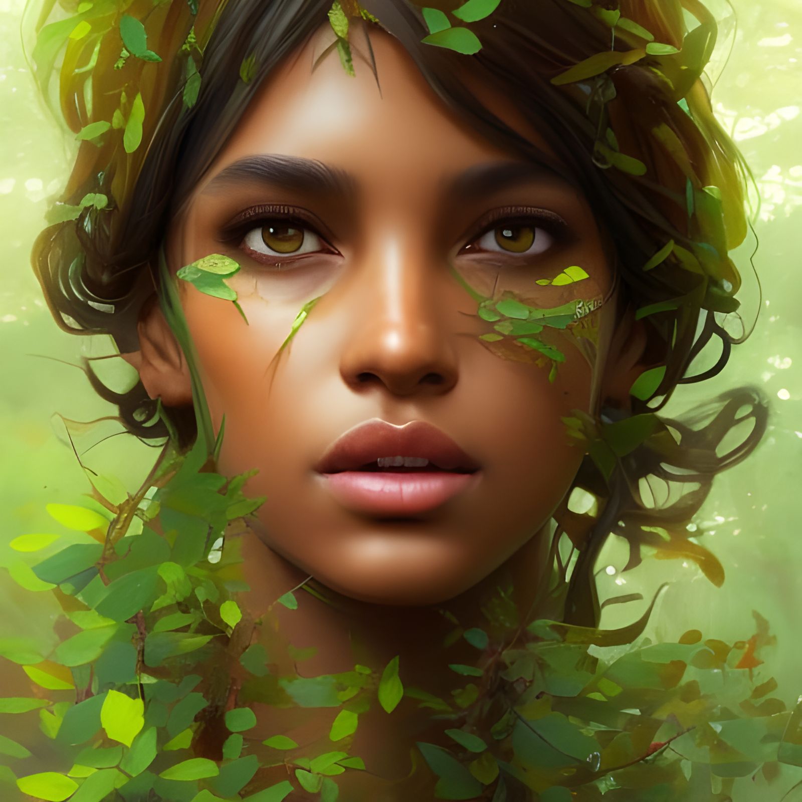 brown woman trees moss magic fantasy hyper detail - AI Generated ...