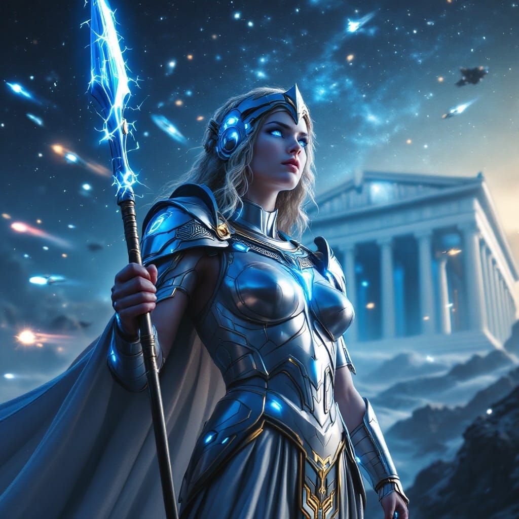 In the midst of a nebula-filled galaxy, Athena, the Greek goddess of ...