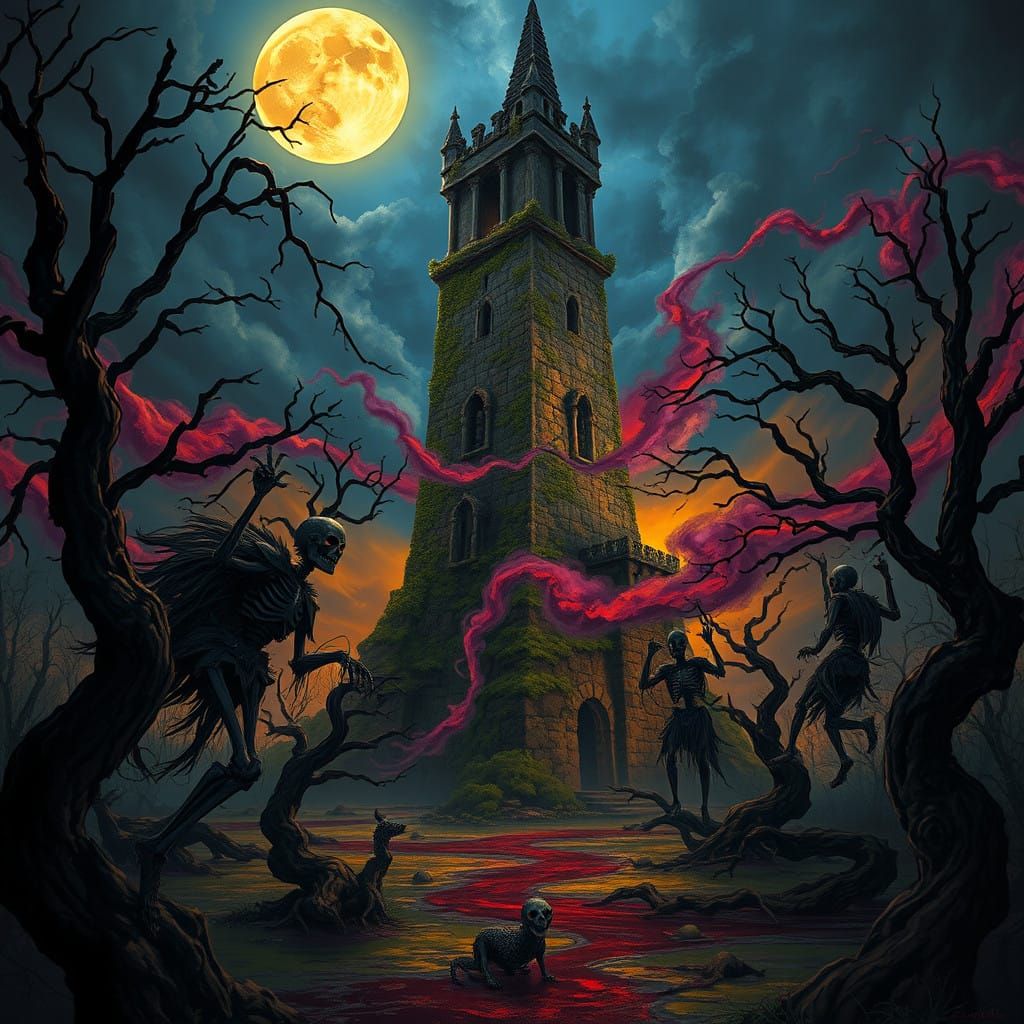 A crumbling, mossy medieval small tower pierces the foreboding sky, its ...