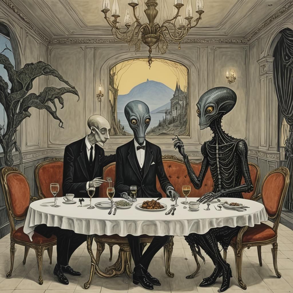 Two aliens on a date in a fancy restaurant, by Edward Gorey - AI ...
