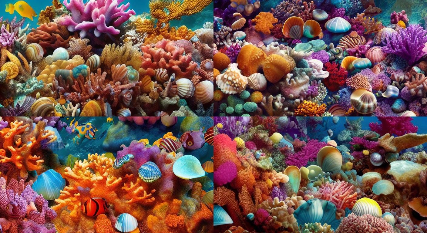 Beautiful seashells in colorful coral reef, photorealistic CGI by weta ...