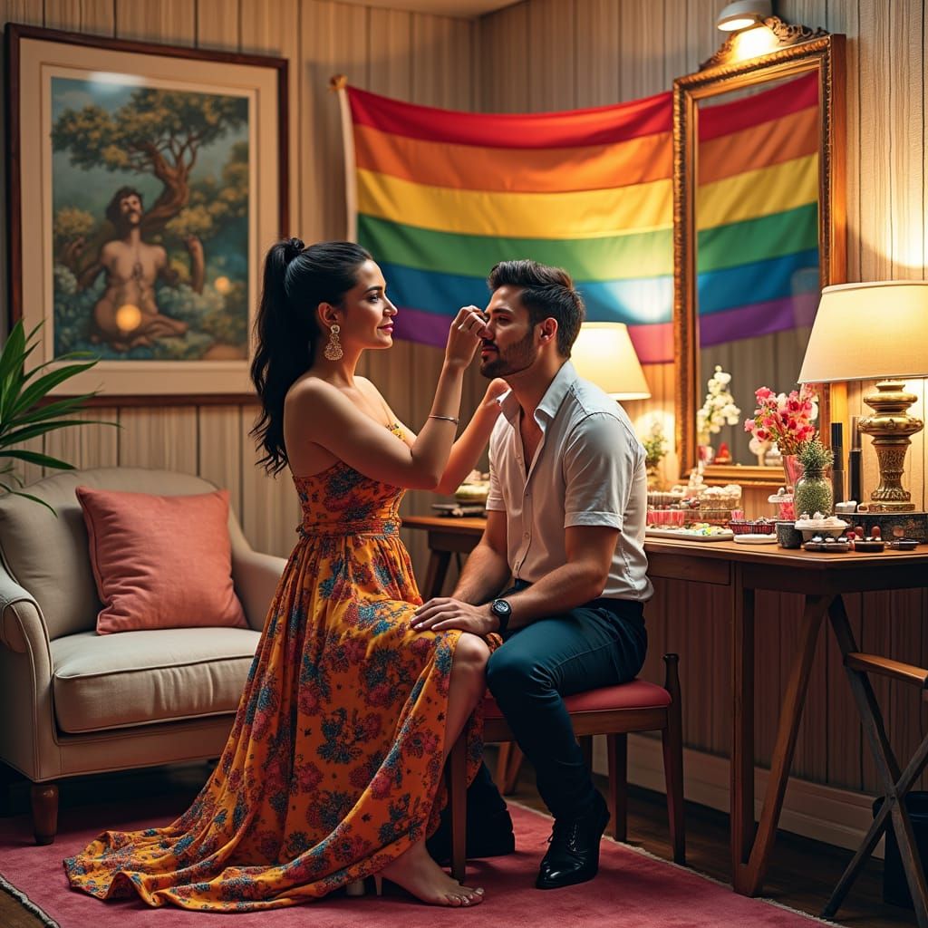 Salma Hayek in Vibrant Bedroom Makeup Scene with L... - AI Art