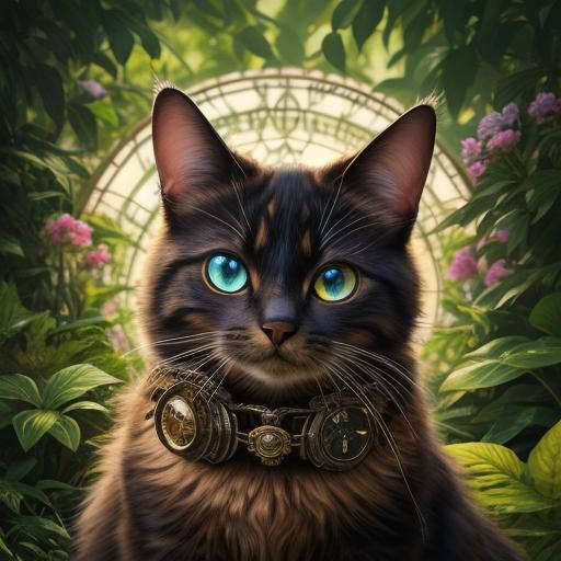 Heterochromic Steampunk Cat in garden - AI Generated Artwork ...