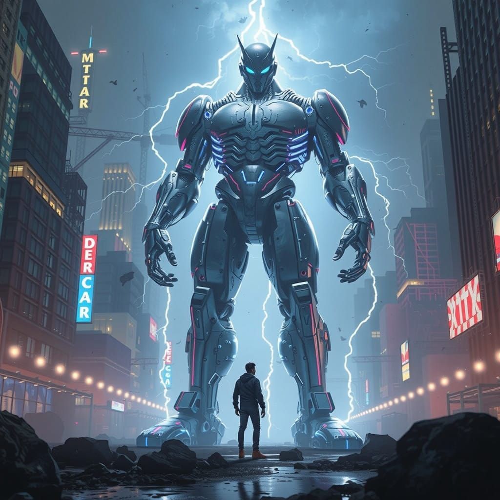 Cyberpunk Giant Robot Defends City with Thunderous... - AI Art