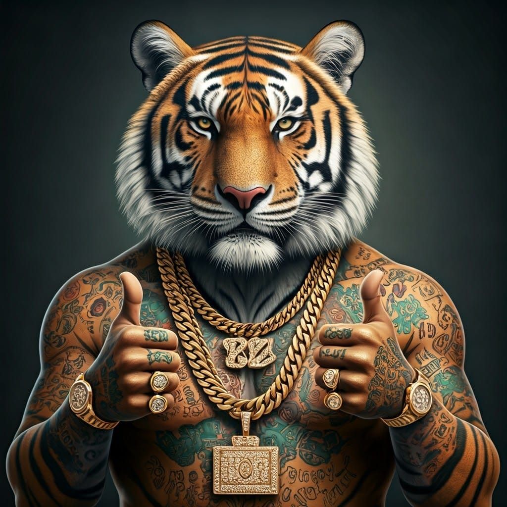 Gritty Hip-Hop Tiger Confidently Flashes Bling and... - AI Art