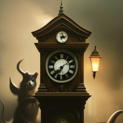sinister rat sitting by grandfather clock, dark spooky fog - AI ...