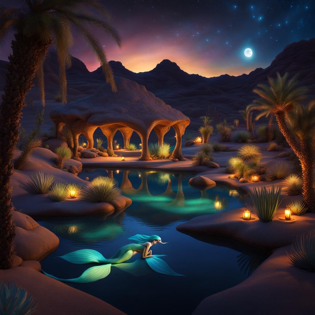 Mermaid in a desert dreamscape oasis at night - AI Generated Artwork ...