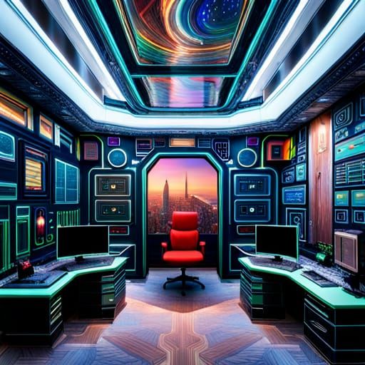 Hyperdetailed futuristic Office with electronic panels on the walls and ...
