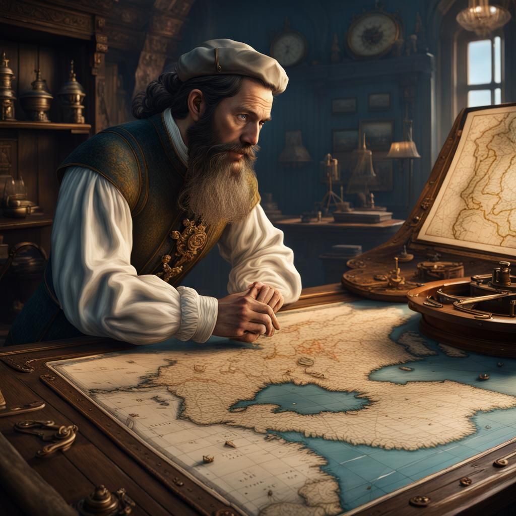 Bearded navigator, looking over large map of the seas - AI Generated ...