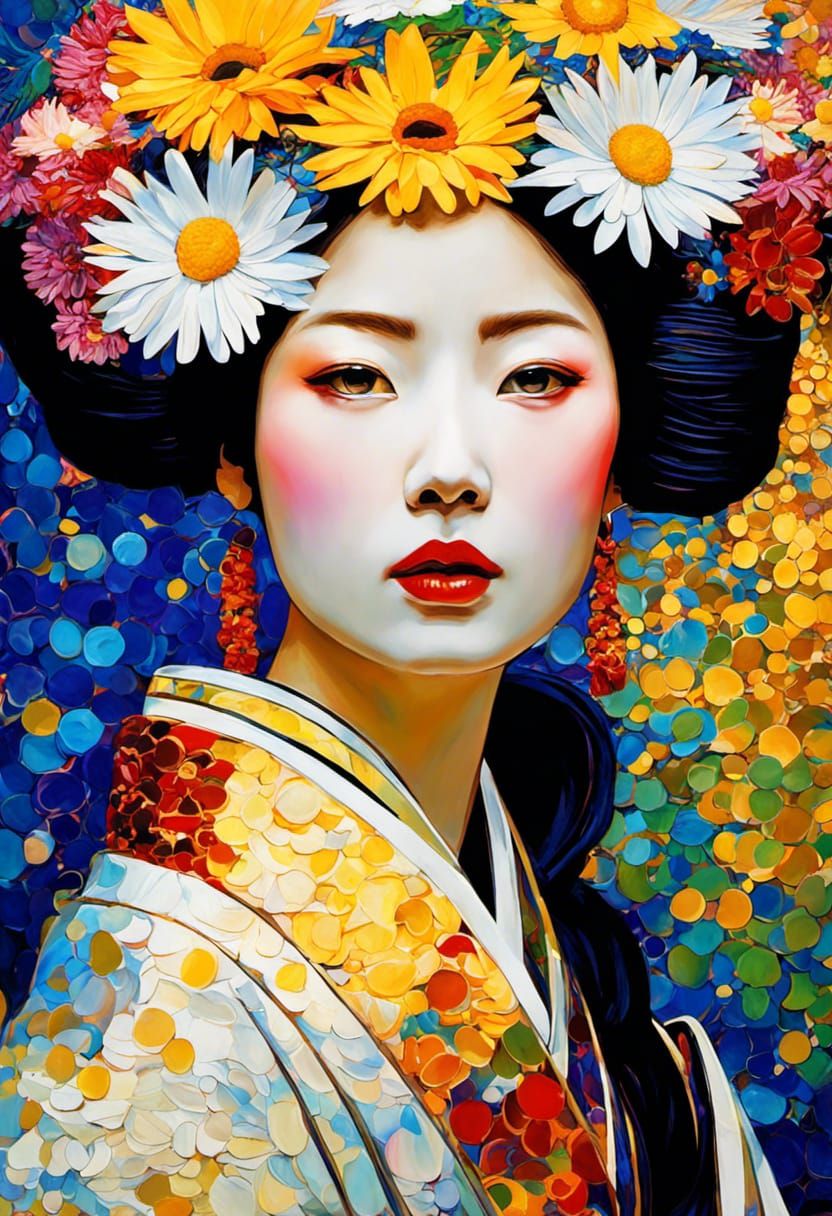 Impessionism impressionism Geisha Japanese woman with daisies crown ...