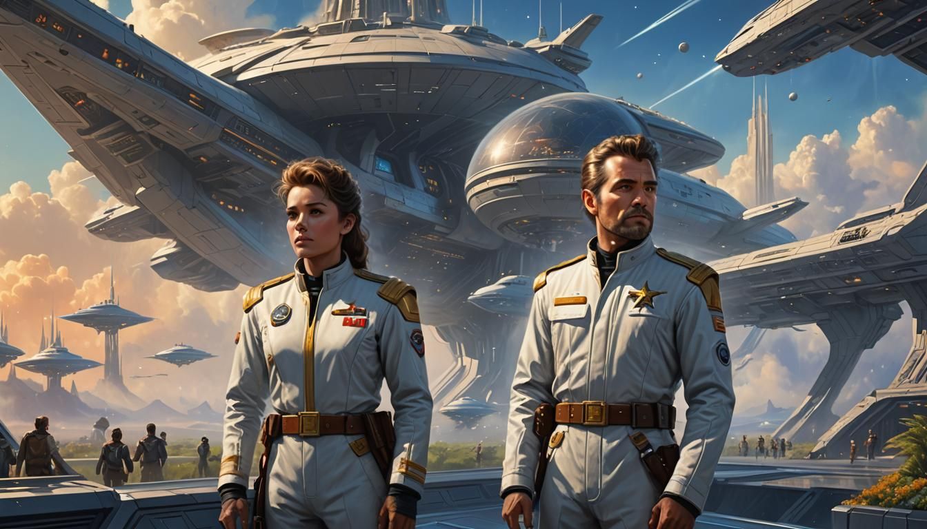 A digital illustration of a starship captain in a futuristic spaceport ...