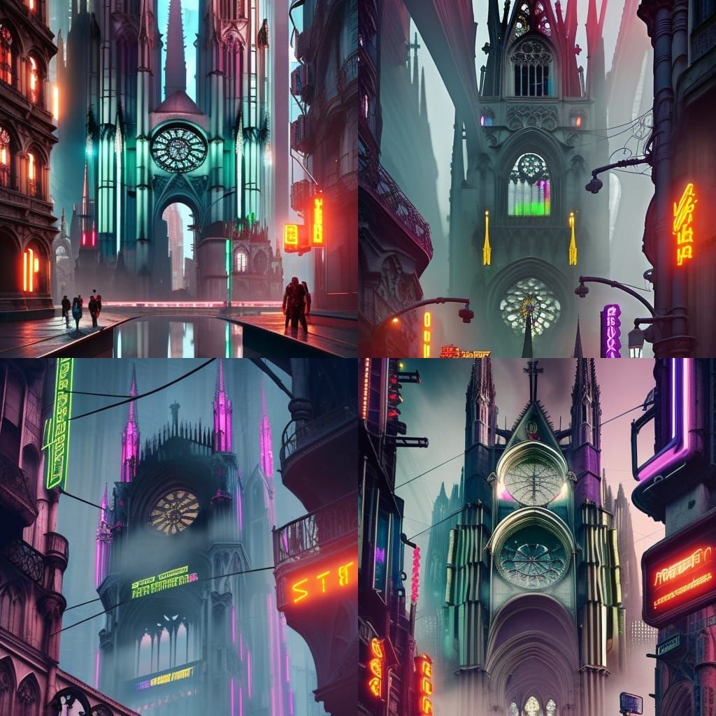 street leading to a Gothic cathedral in a massive cyberpunk city ...