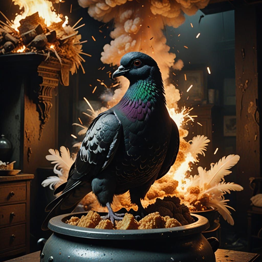 Rotund Pigeon Devours KFC Amidst Nuclear Apocalyps... - AI Art