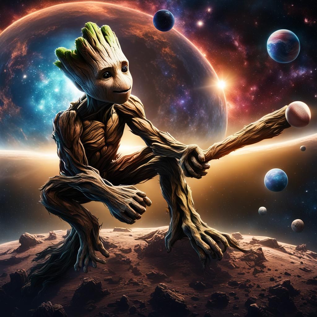 Groot playing baseball in space - AI Generated Artwork - NightCafe Creator