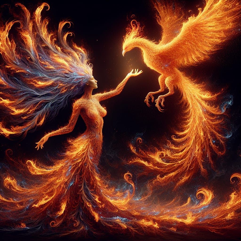 female fire elemental holding up one arm for her phoenix