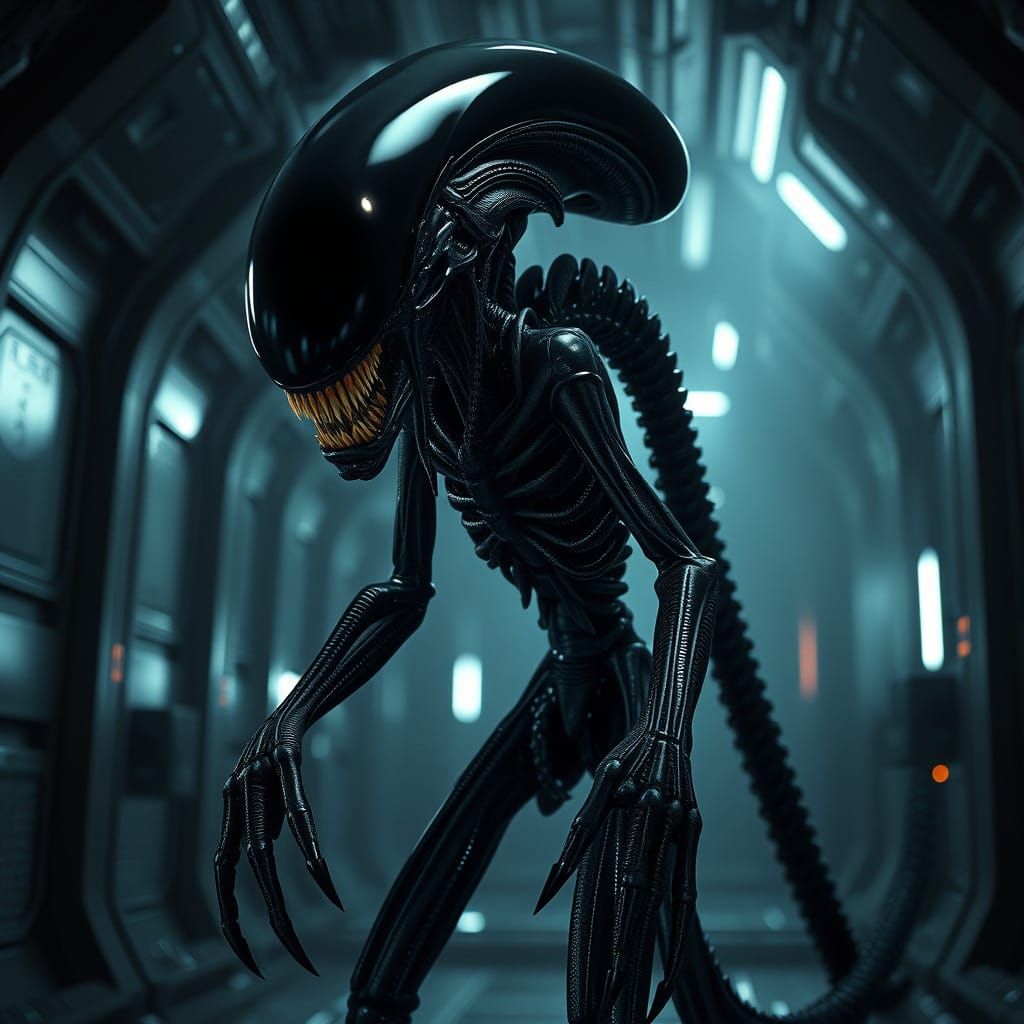 Cyberpunk Xenomorph in Dark Industrial Environment - AI Art