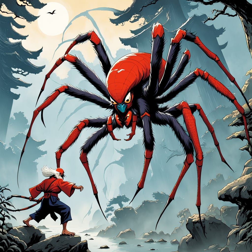 Cyberpunk Inspired Bird Tengu Stomps a Massive Spi... - AI Art