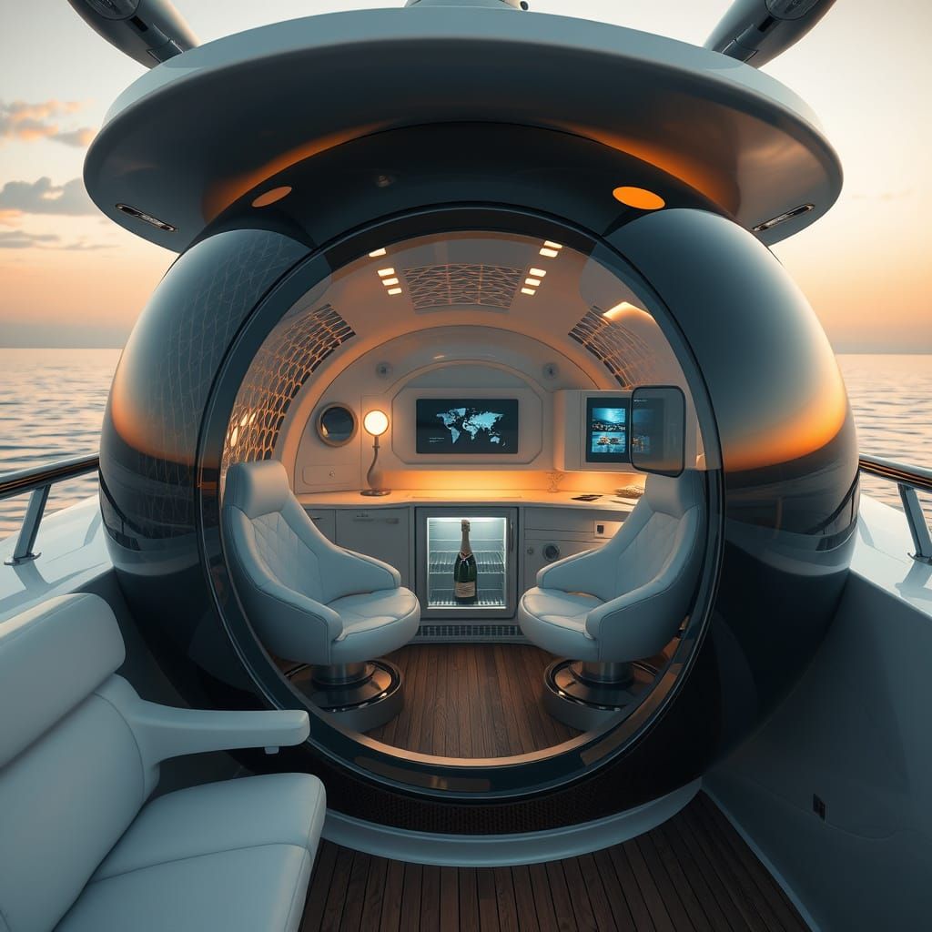 A spherical, gem-like escape pod embedded into the yacht’s superstructure.