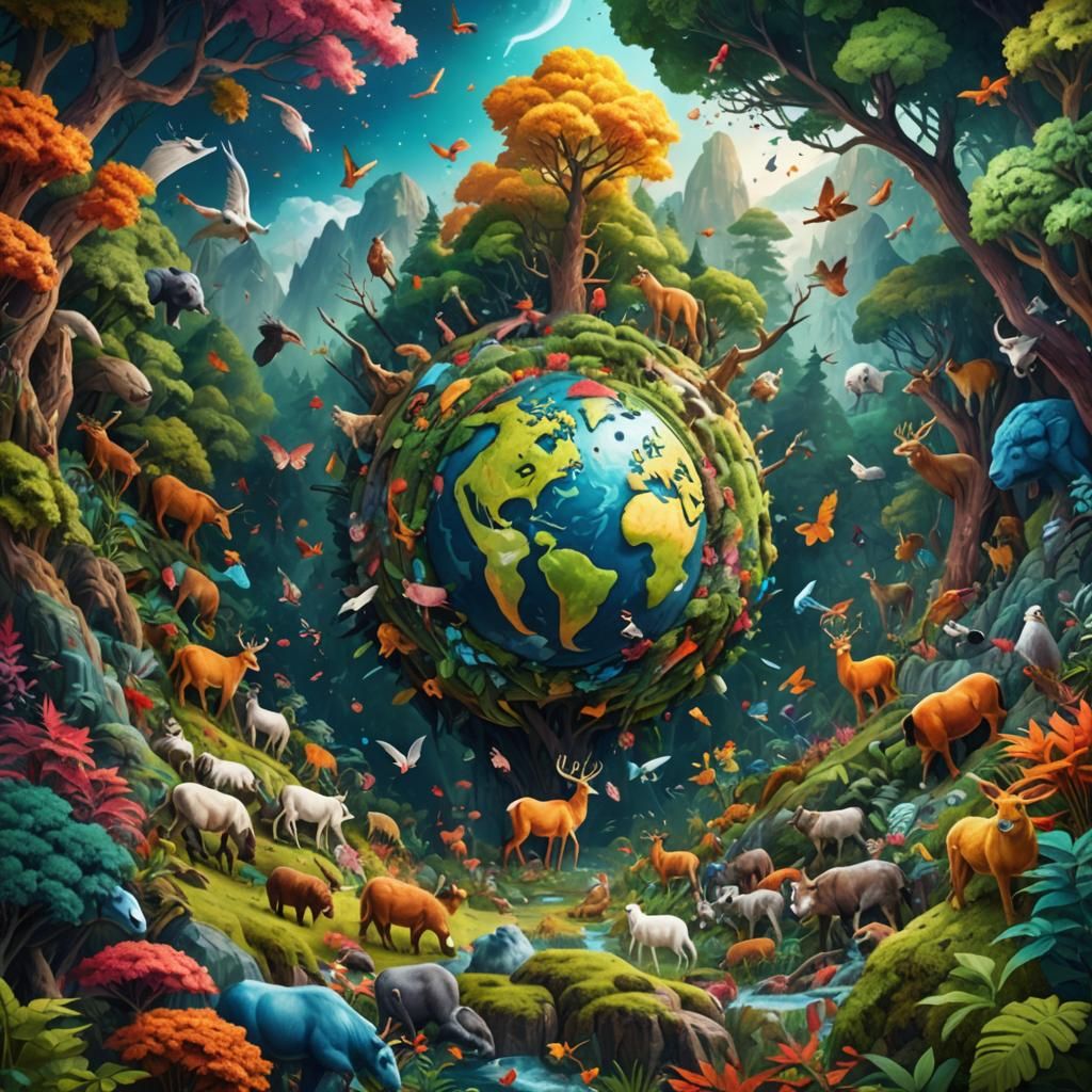 Planet earth with all the animals in the world together - AI Generated ...