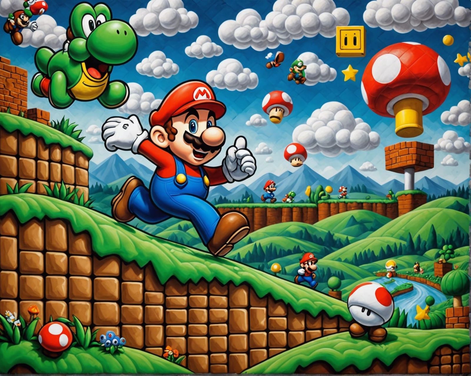 Super mario bros. Level 1 in a Quilted Scene, side scroller, 2D art ...