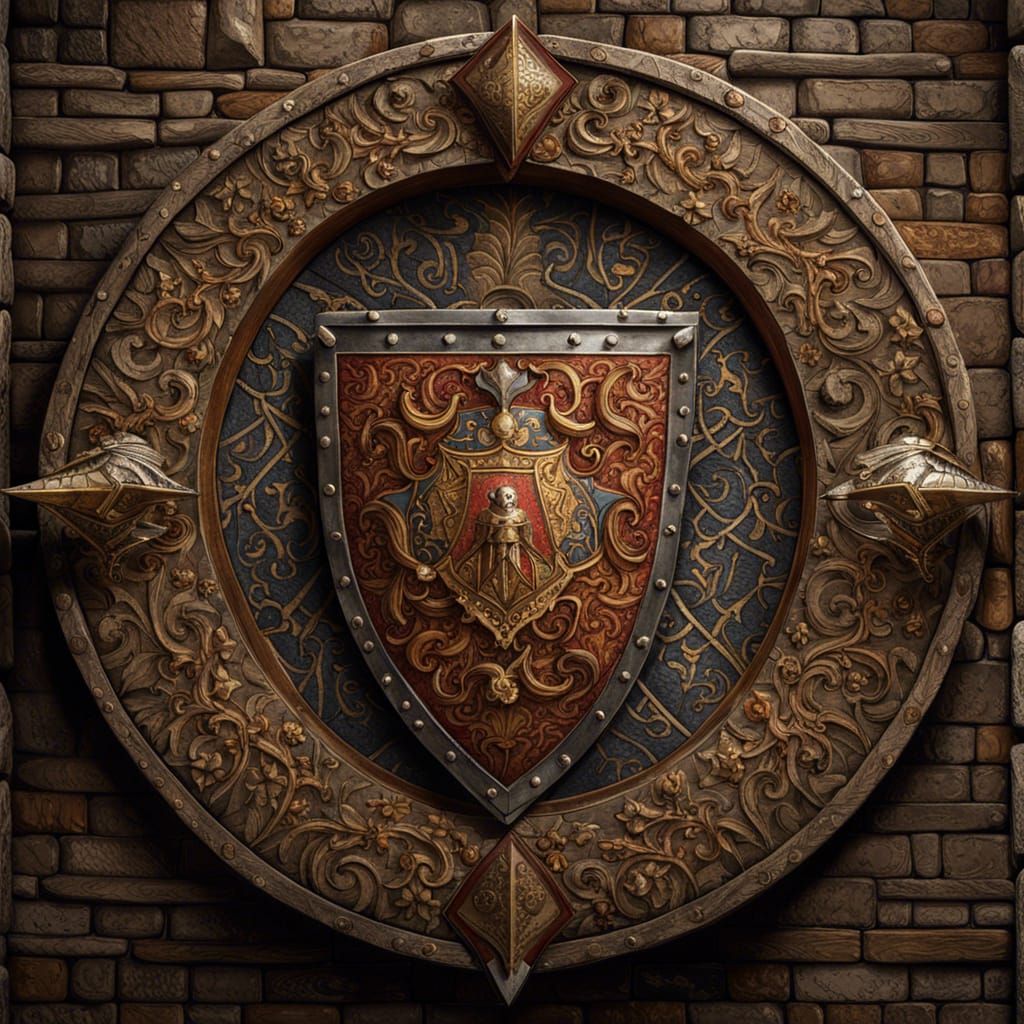 Long shot. On a stone wall hangs An elaborate ancient medieval wooden ...